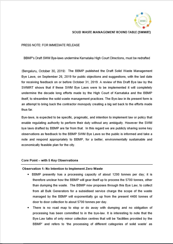 Rethink and redraft SWM byelaws-2019, SWMRT tells BBMP | ENDLESSLY GREEN